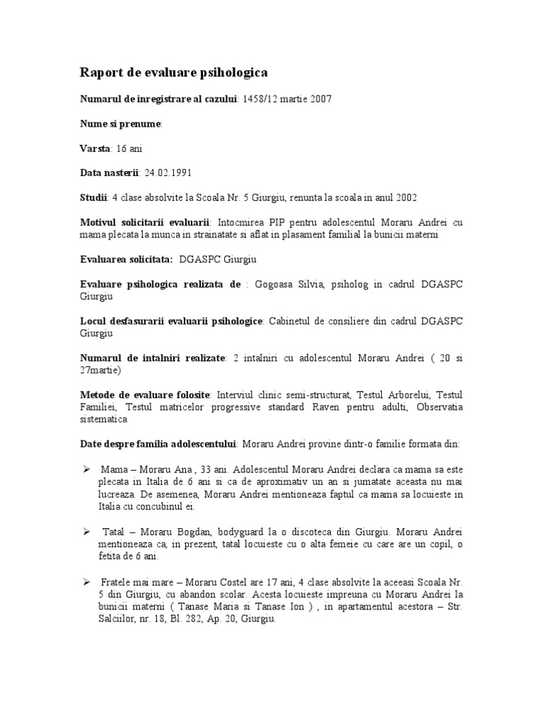Raport de Evaluare Psihologica V | PDF