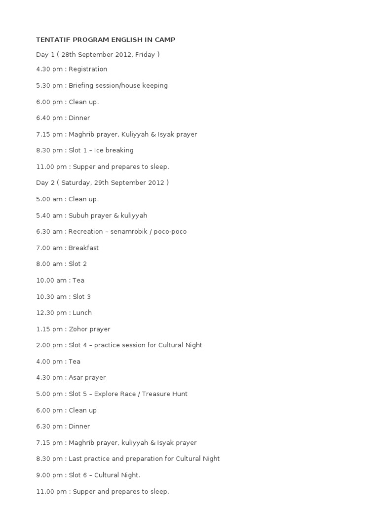 Tentatif Program English in Camp | PDF