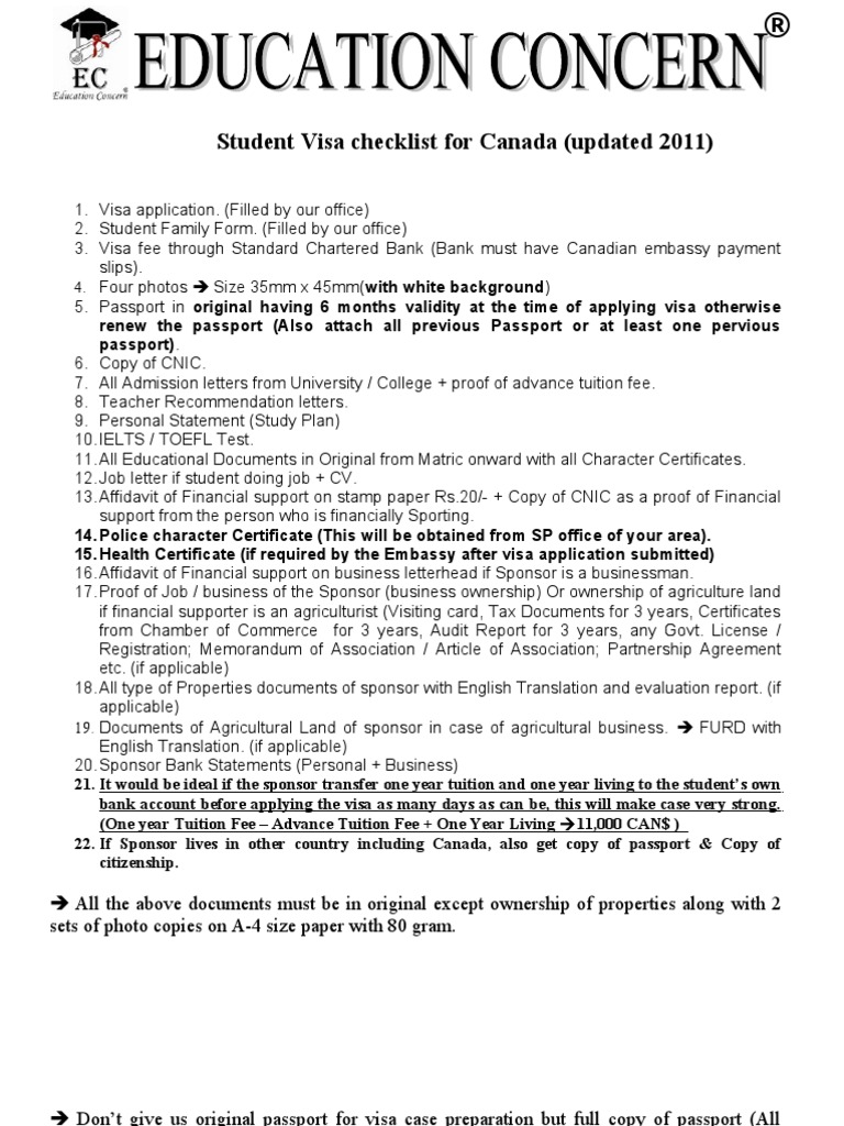Canada Student Visa Check List | PDF | Travel Visa | Passport