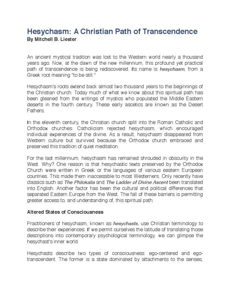 Hesychasm - A Christian Path of Transcendence | PDF | Nous | Prayer