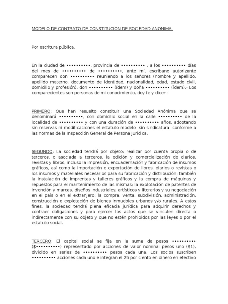 Contrato de Constitucion de Sociedad Anonima | PDF | Liquidación | Gobierno