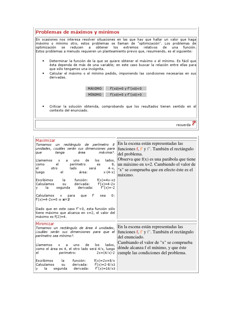Problemas de Máximos y Mínimos | PDF | Optimización Matemática | Derivado
