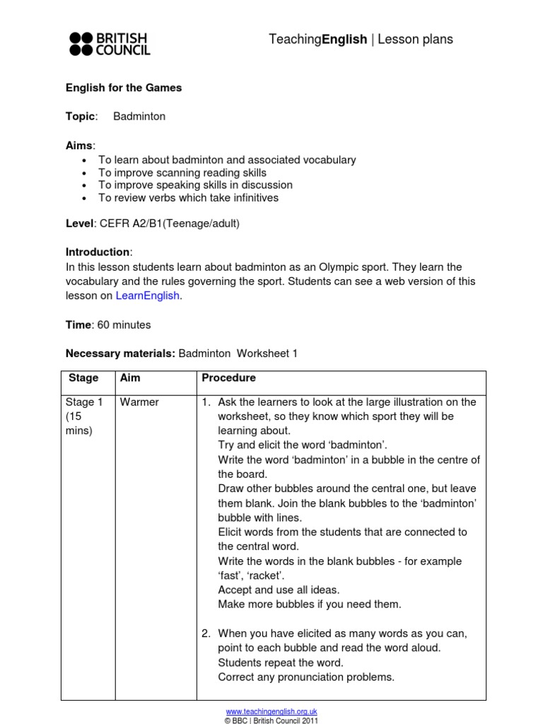 Badminton Lesson Plan | PDF | Lesson Plan | Vocabulary