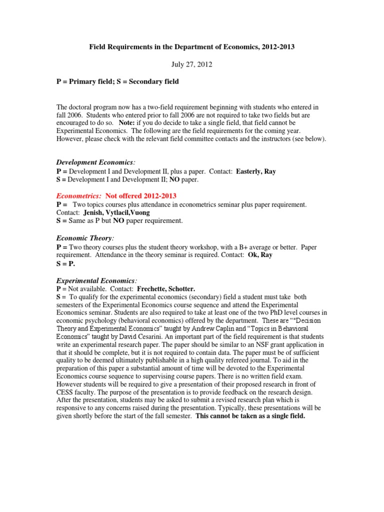Field Requirements - NYU PHD Economics | PDF | Financial Economics ...