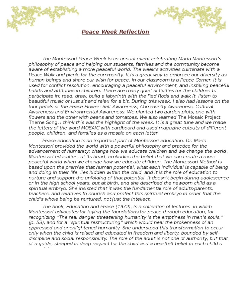 Peace Week Reflection 2013 | PDF | Montessori Education | Peace