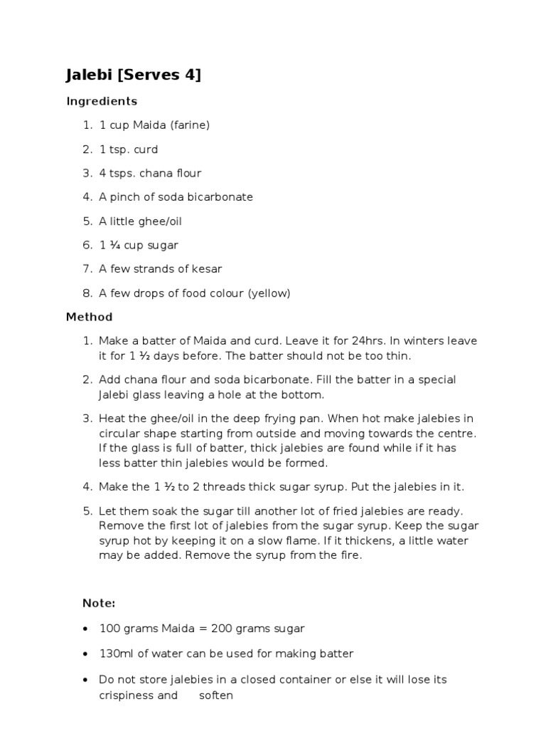 Jalebi (Serves 4) : Ingredients | PDF