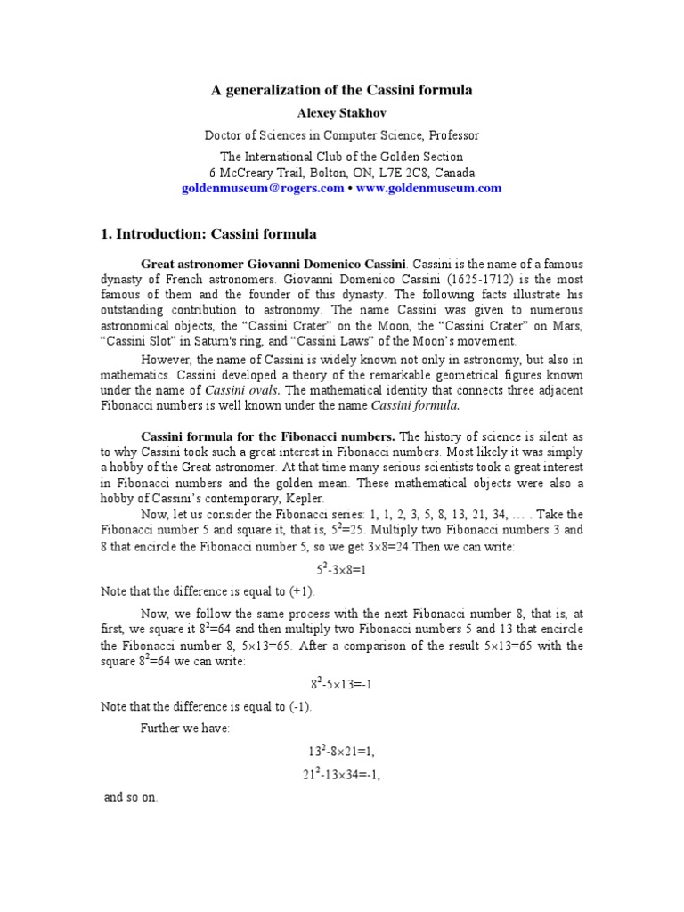 A Generalization of The Cassini Formula: Alexey Stakhov | PDF | Recurrence Relation | Sequence