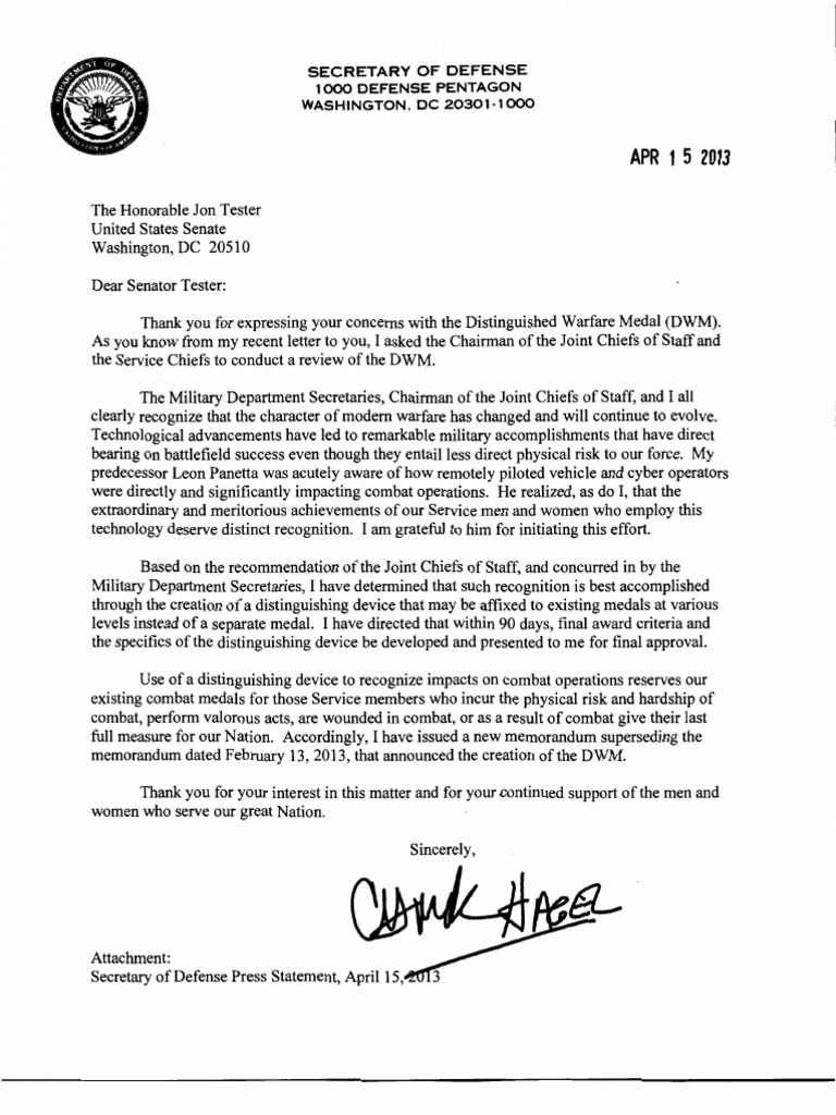 Defense Secretary Hagel's Letter To Tester | PDF | Agencies Of The ...