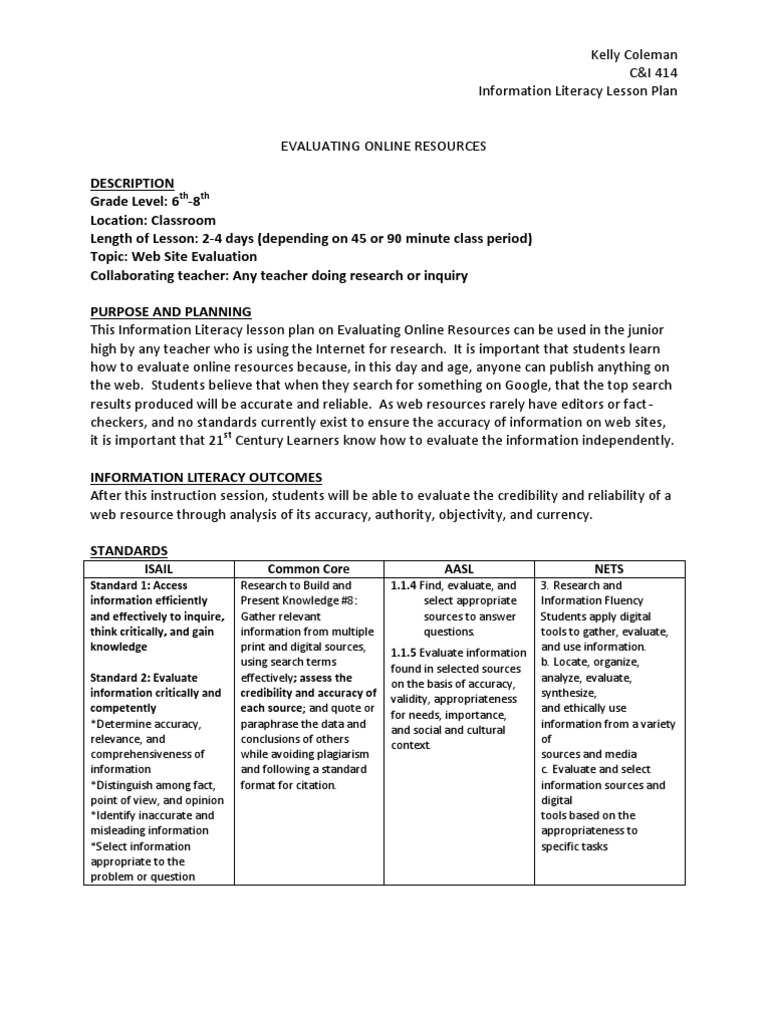 Evaluating Online Resources Lesson Plan | PDF | Information Literacy ...