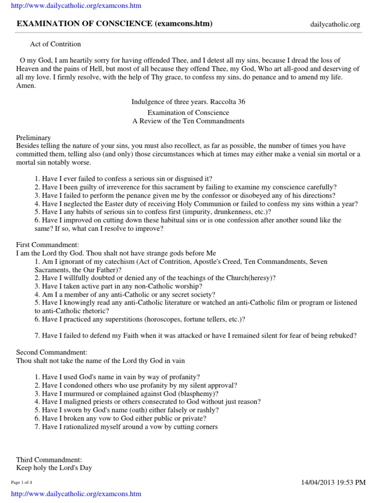 EXAMINATION OF CONSCIENCE (Examcons - HTM) | PDF | Confession (Religion ...