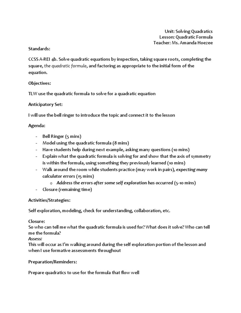 Quadratic Formula Lesson | PDF | Teaching Methods & Materials
