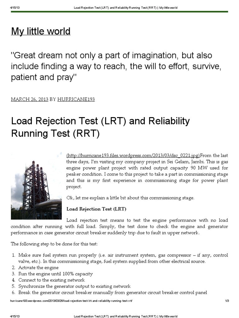 Load Rejection and Reliability Tests | PDF | Electric Generator ...