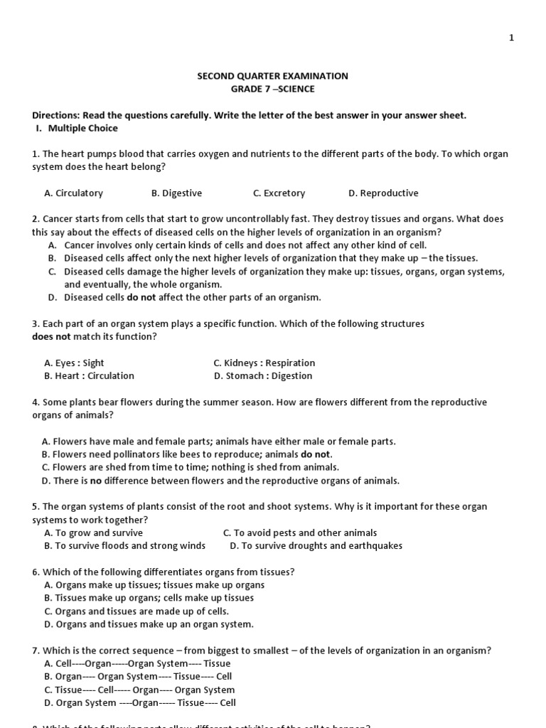 Grade 7 Science Examination Second Quarter Plants Reproduction