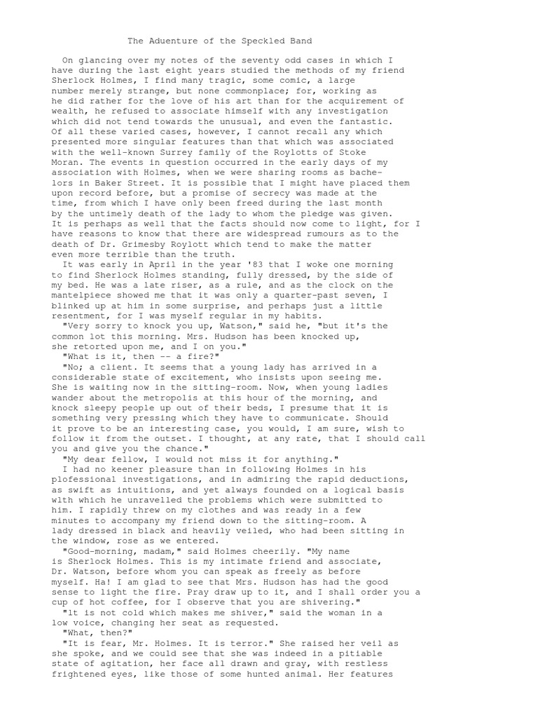 Arthur Conan Doyle - The Adventure of The Speckled Band | PDF | The ...