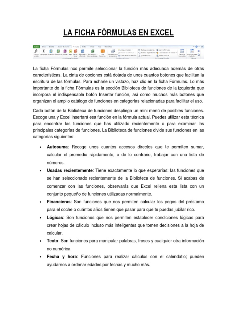 La Ficha Fórmulas en Excel | PDF | Hoja de cálculo | Microsoft Excel