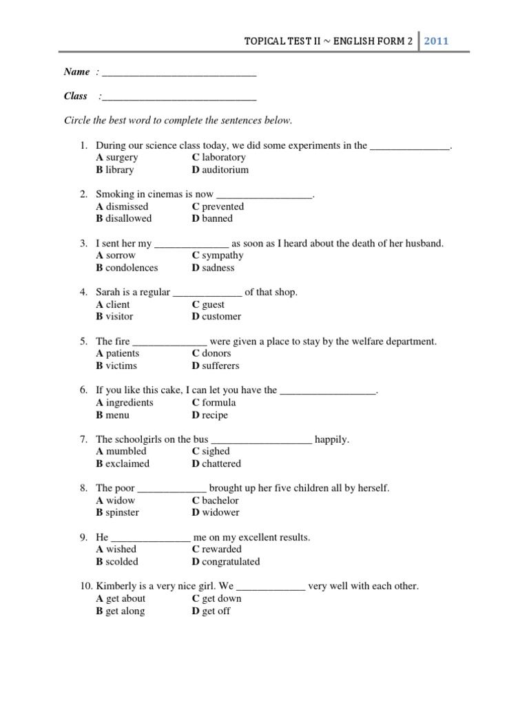 English Topical Test - Form 2 | PDF | Self Esteem