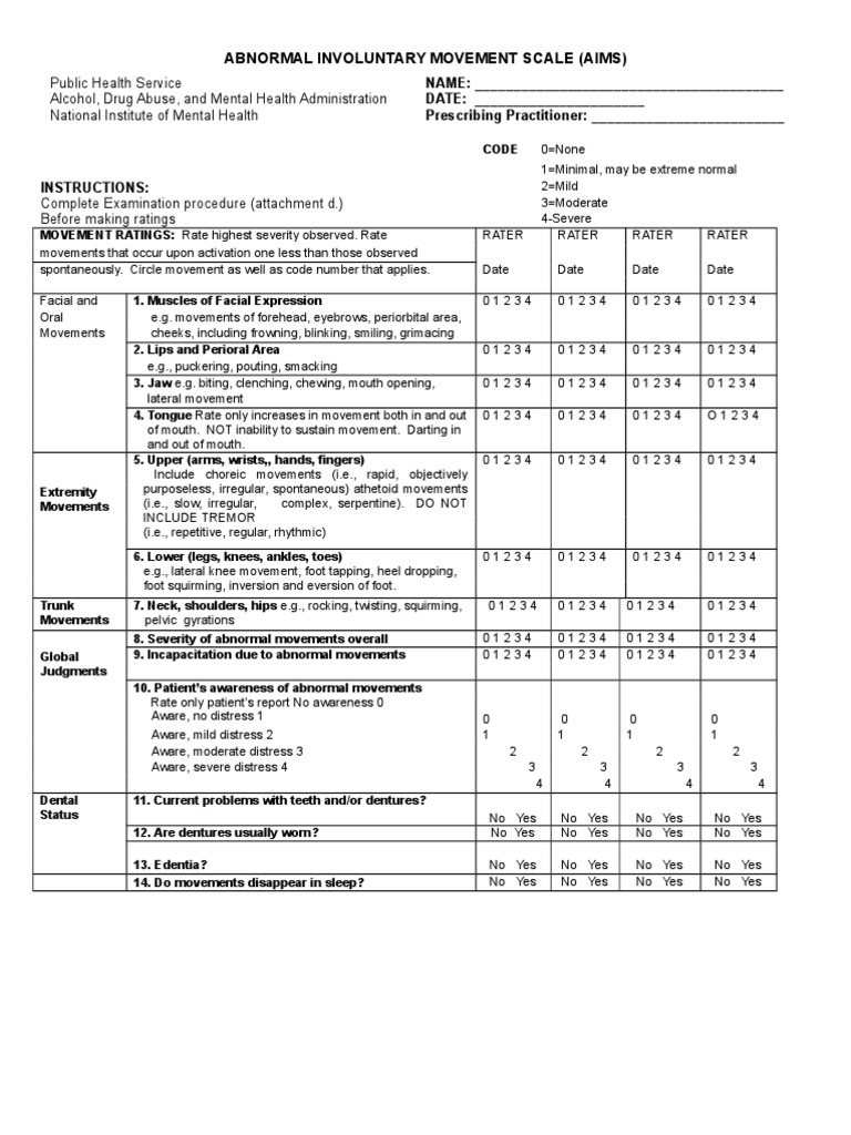 Abnormal Involuntary Movement Scale (Aims) | PDF
