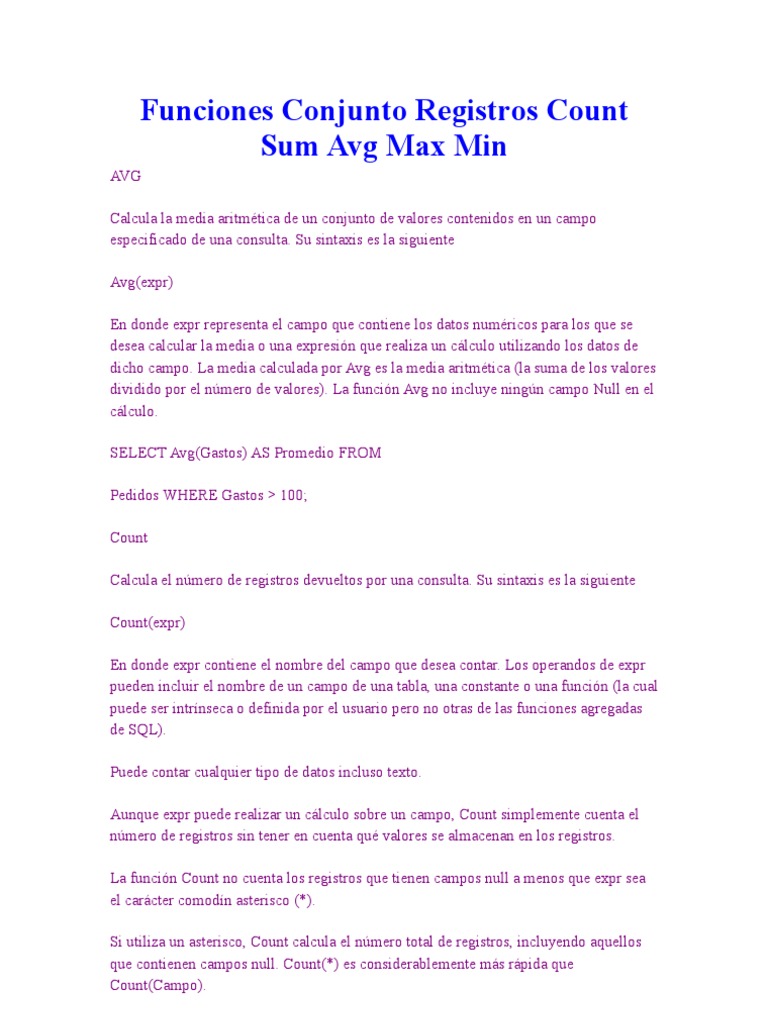 TRABAJO de BASE de DATOS Funciones Conjunto Registros Count Sum Avg Max Min | Descargar gratis ...