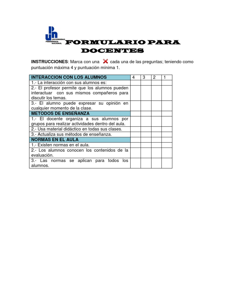 Formulario para Docentes | PDF | Salón de clases | Enseñando