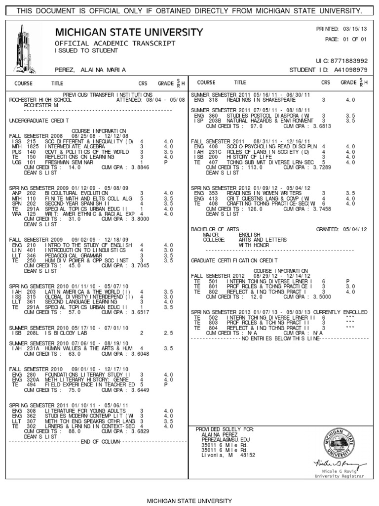 Official Transcript | PDF | Grading (Education) | Michigan State University
