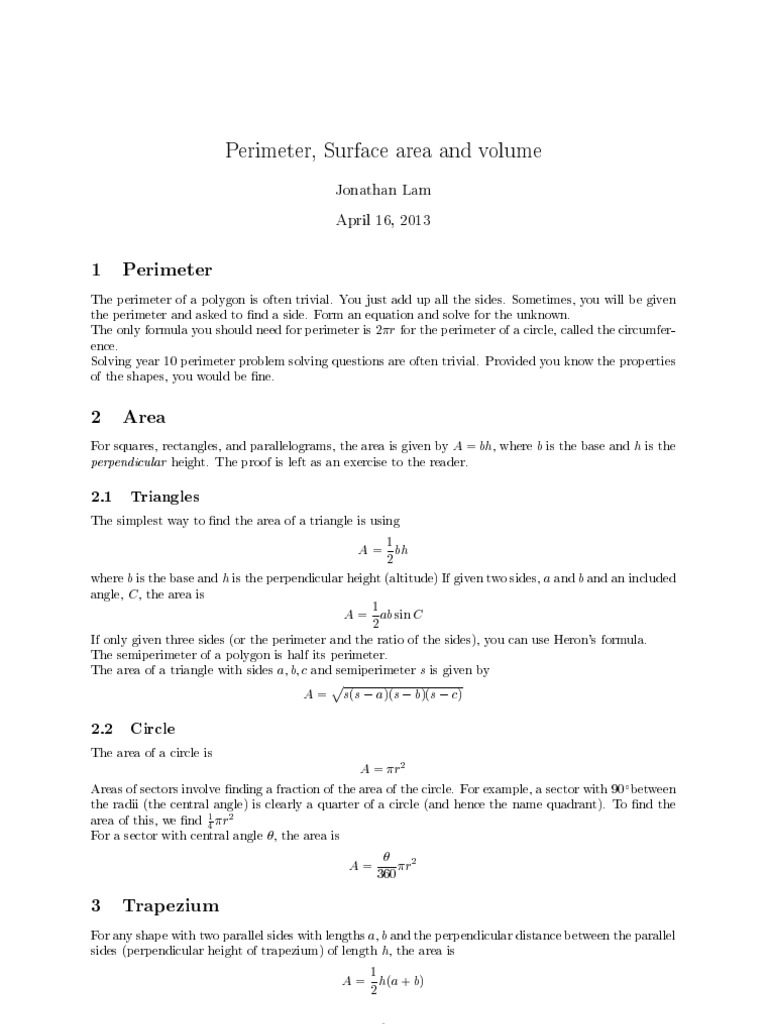 Perimeter, Surface Area and Volume | PDF | Area | Triangle