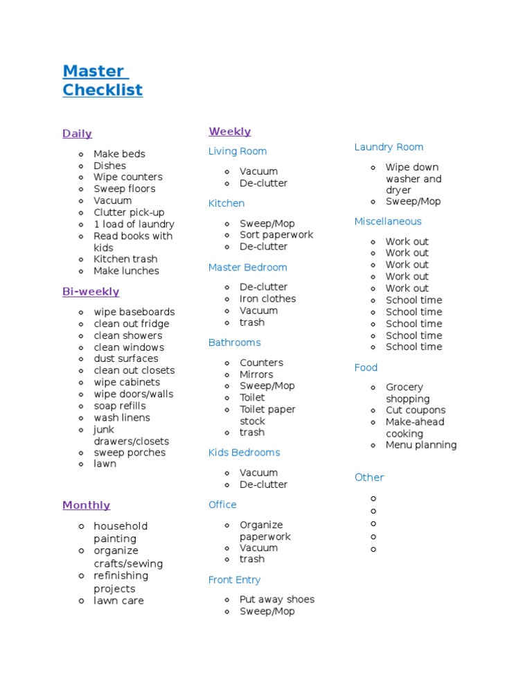 Master Checklist | PDF | Room | Domestic Implements