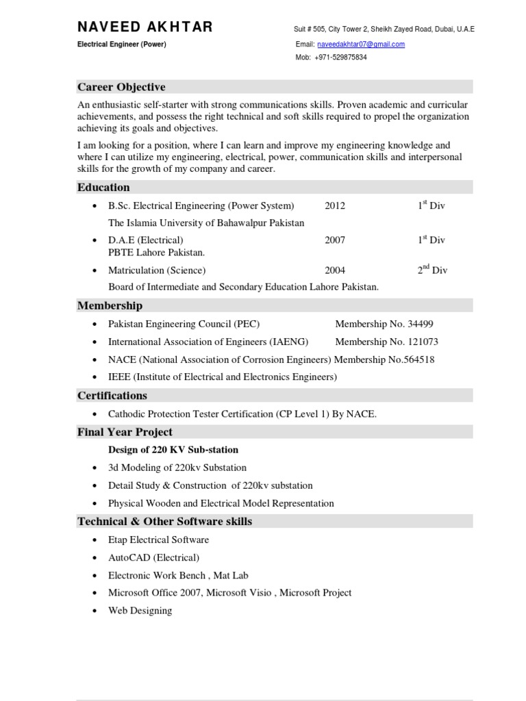 Electrical Engineer - Naveed CV | PDF | Engineer | Electrical Substation