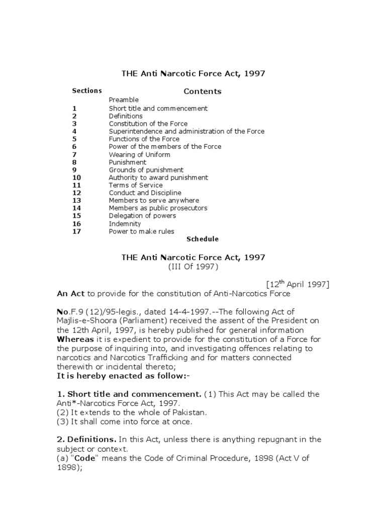 Anti Narcotics Force Act, 1997 Overview | PDF | Police | Federal ...
