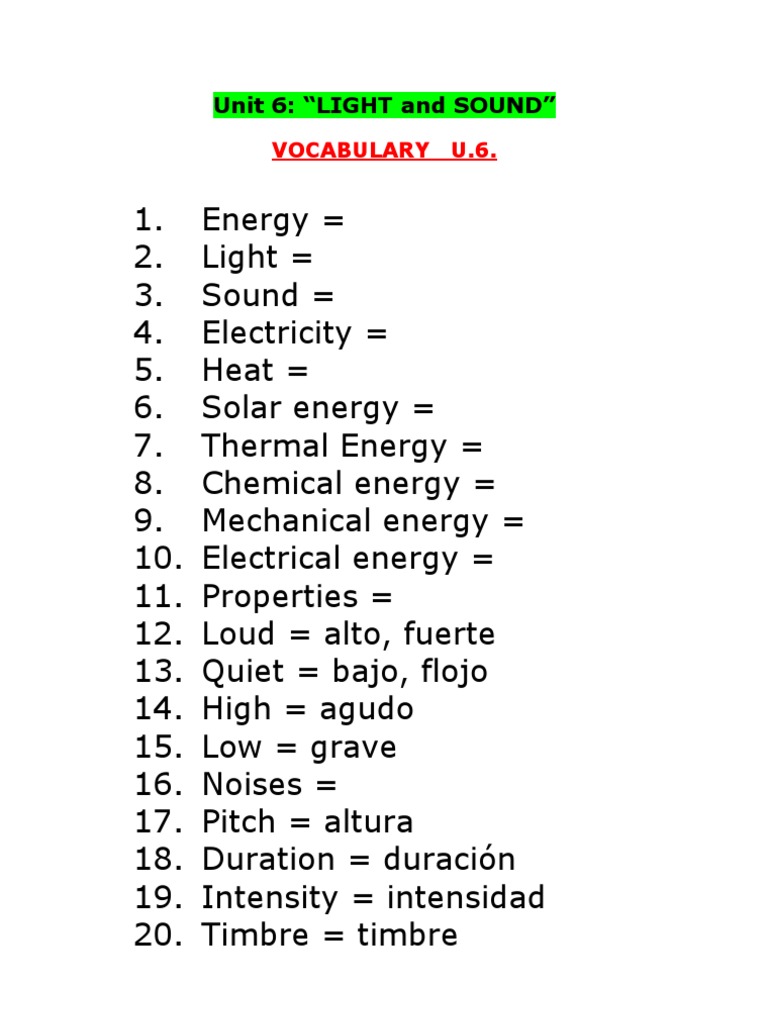 Unit 6: "LIGHT and SOUND": Vocabulary U.6 | PDF