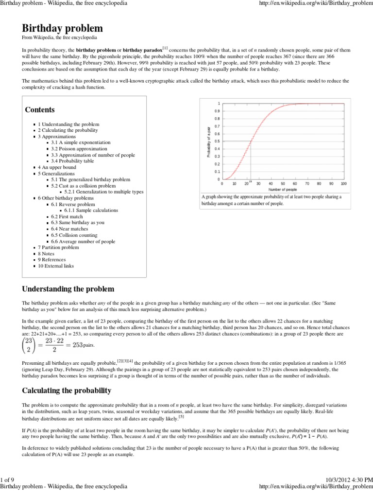 Birthday Problem - Wikipedia, The Free Encyclopedia | PDF | Applied ...