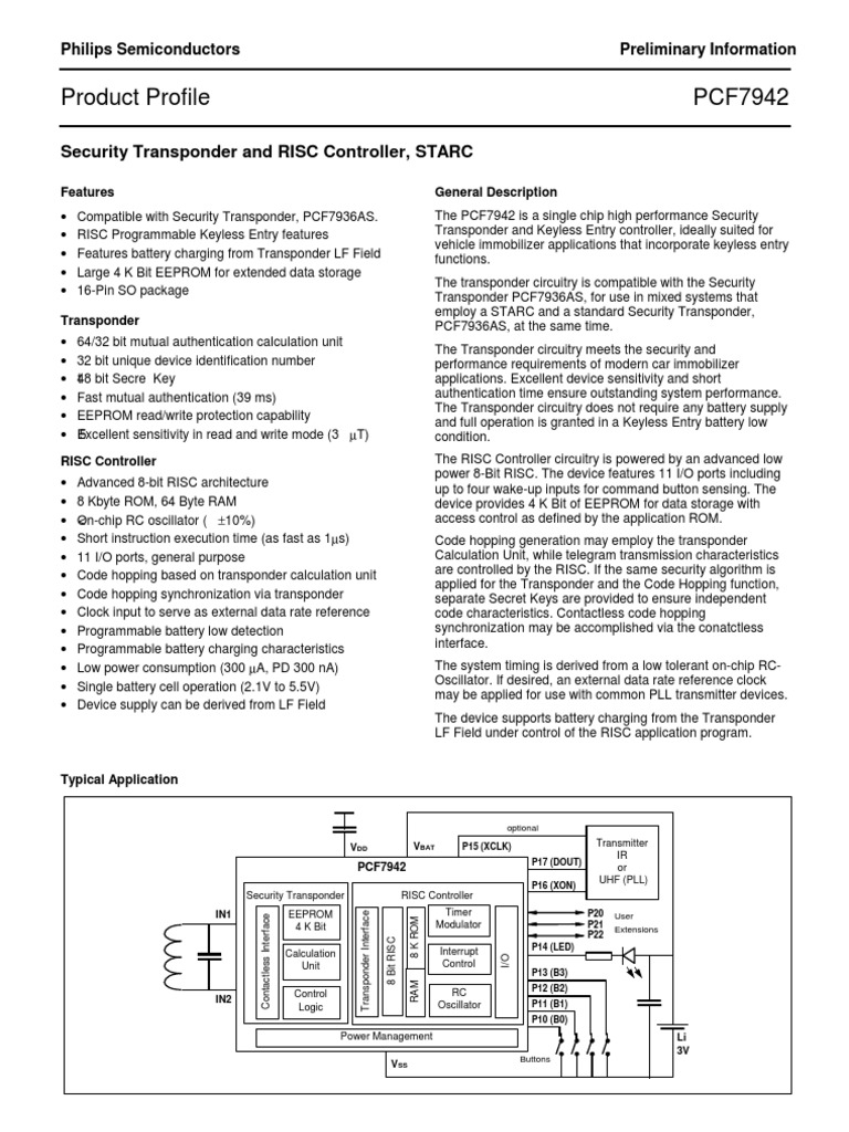 Security Transponder and RISC Controller: PCF7942 Product Profile | PDF | Input/Output | Random ...
