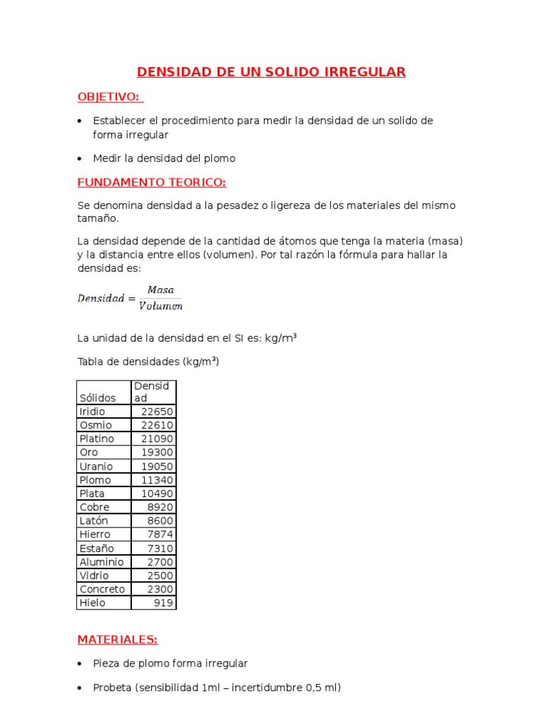 DENSIDAD DE UN SOLIDO IRREGULAR. | Densidad | Elementos metálicos ...