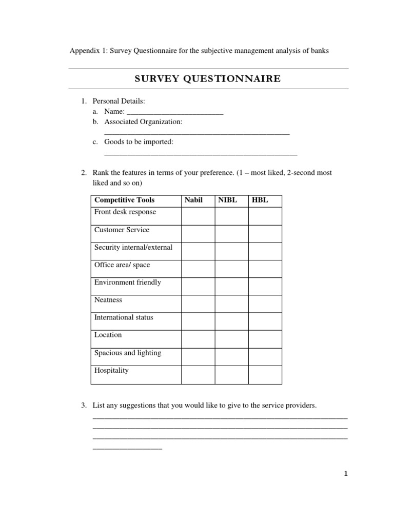 Survey Questionnaire: Competitive Tools Nabil Nibl HBL | PDF | Trade ...
