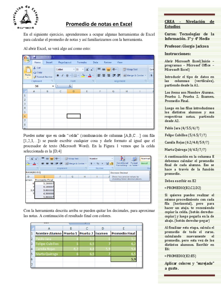 Ejercicio Excel Promedio de Notas | PDF
