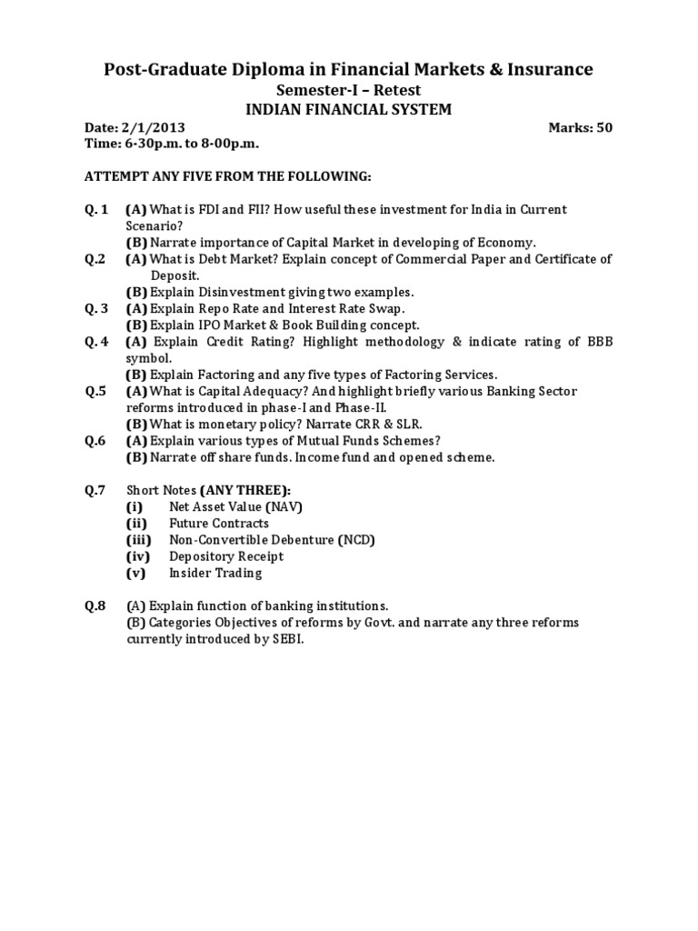 Post-Graduate Diploma in Financial Markets & Insurance: Semester-I ...