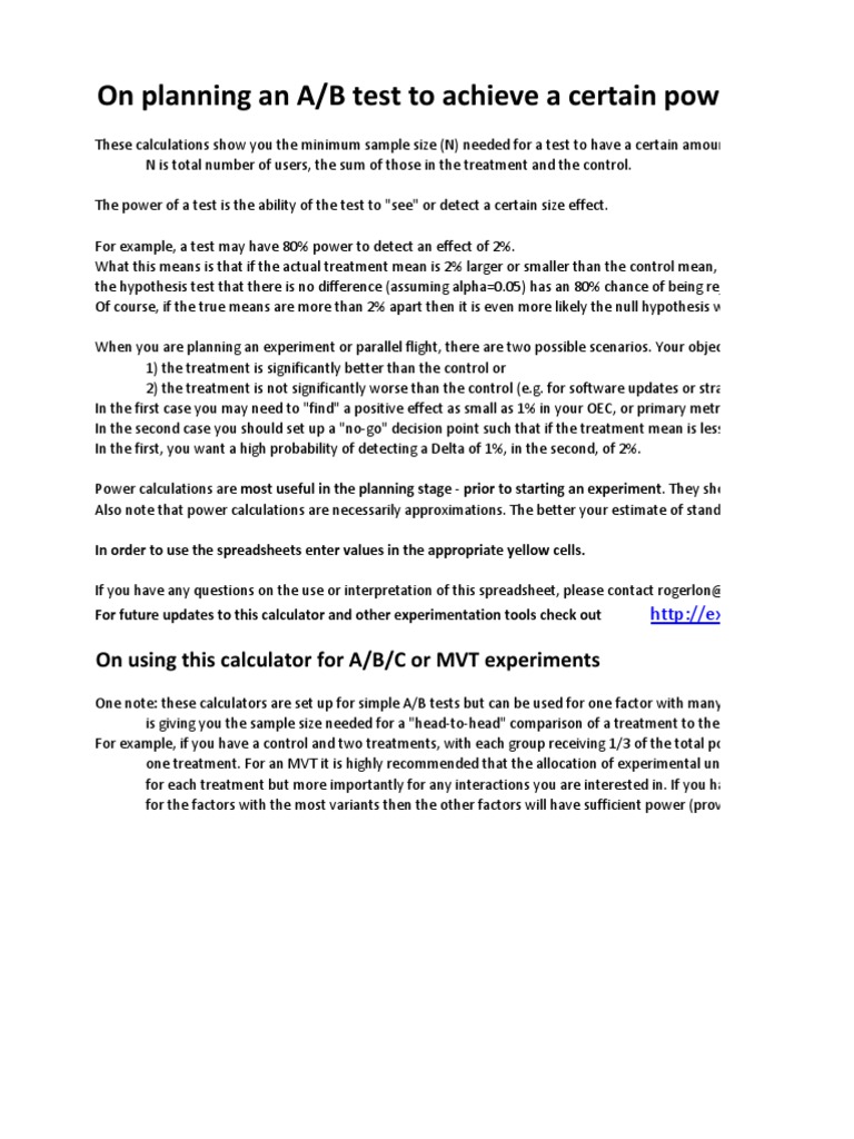 Power Formula For A-B Experiments | PDF | Statistical Hypothesis ...