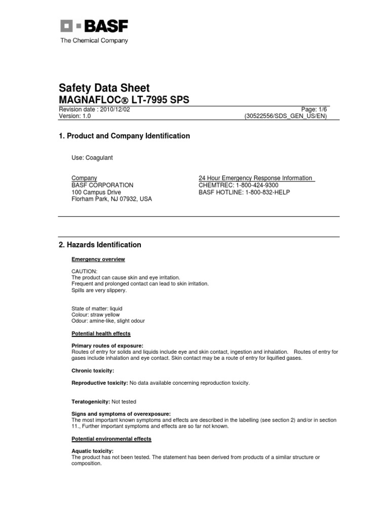 Chemicals Zetag MSDS Organic Coagulants Magnafloc LT 7995 SPS - 1210 ...