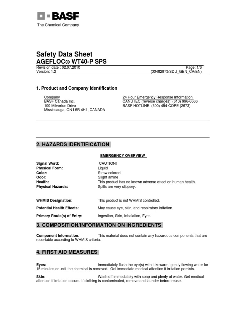 Chemicals Zetag MSDS Organic Coagulants Agefloc WT 40-P SPS - 0710 ...