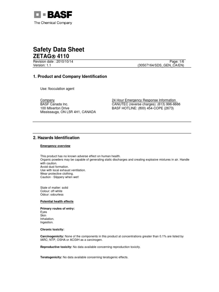 Chemicals Zetag MSDS Powder Zetag 4110 - 1010 | PDF