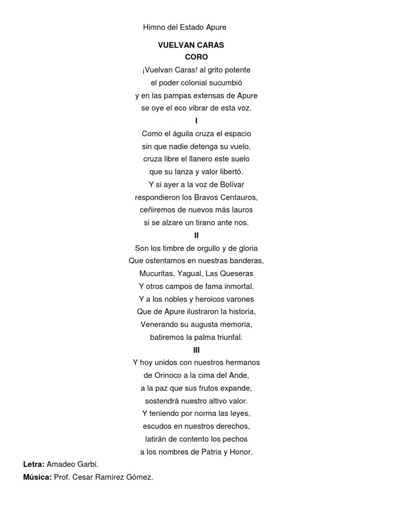 Himno del Estado Apure: Vuelvan Caras | PDF