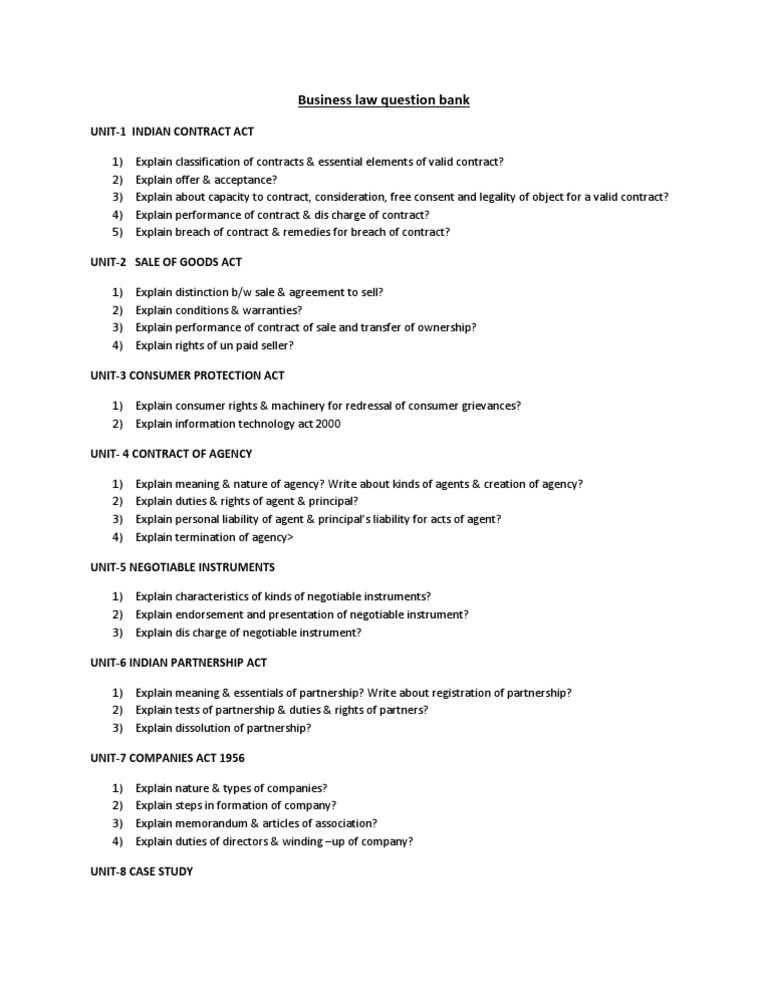 Comprehensive Business Law Question Bank | PDF | Finance & Money ...
