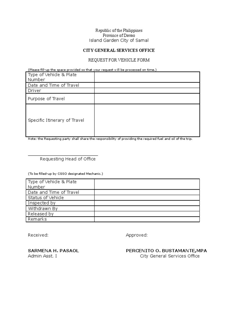 Vehicle Request Form - Samal City | PDF