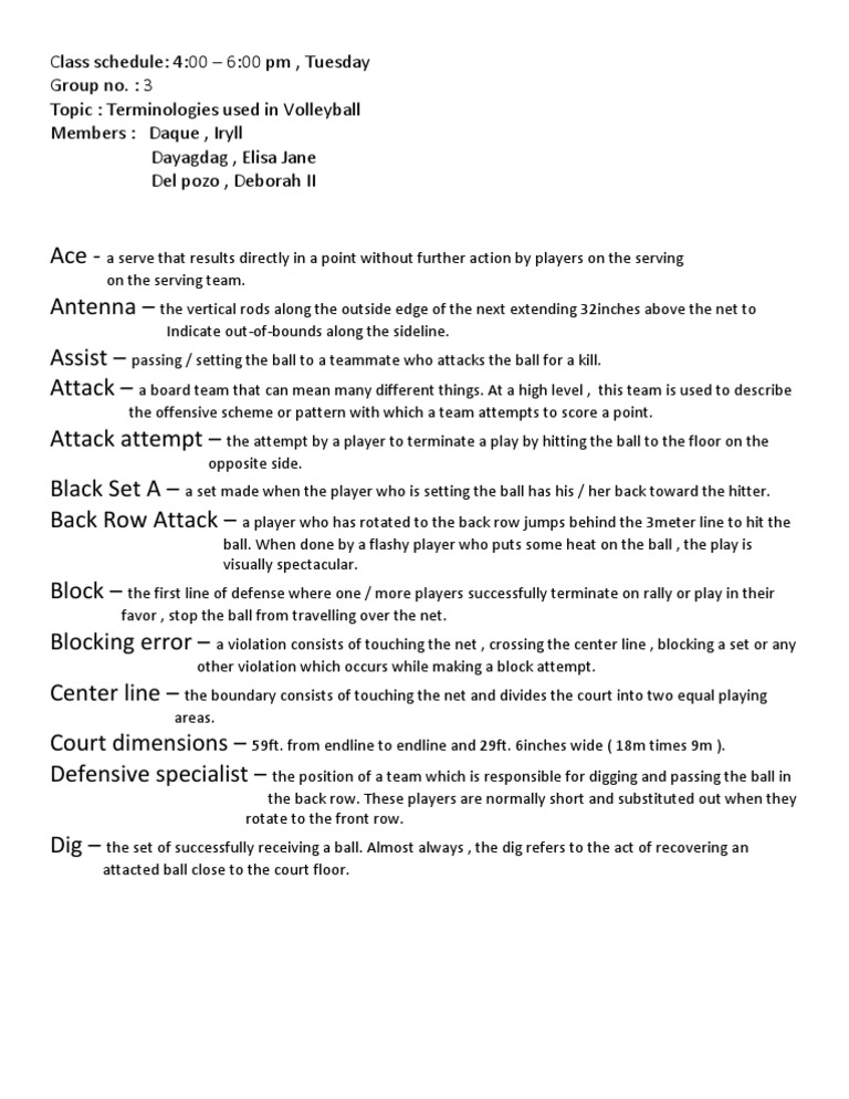 Volleyball Terminology Explained | PDF | Sports & Recreation
