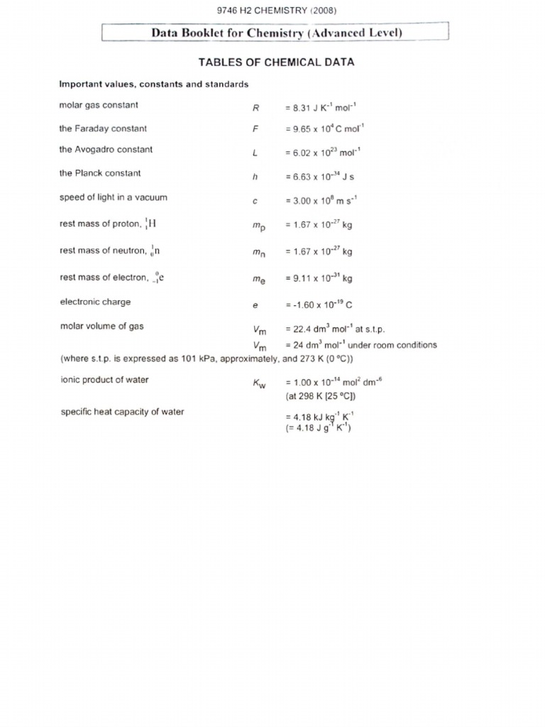 9746 Chem Data Booklet A Level H2 Chemistry | PDF | Mole (Unit) | Alcohol