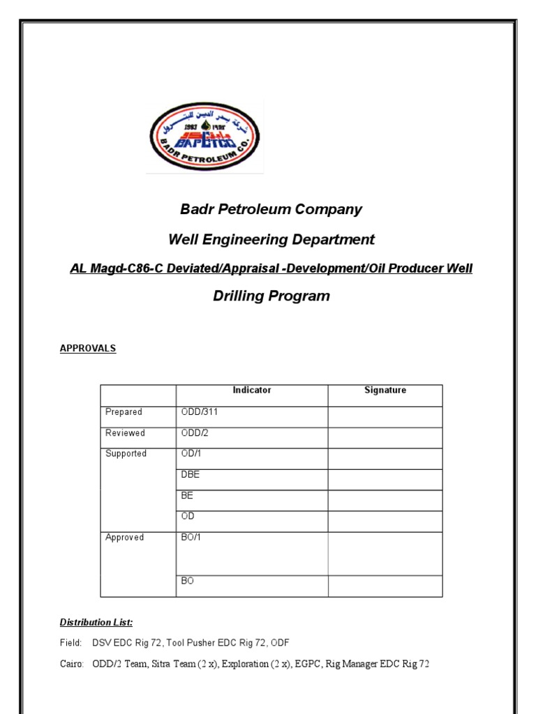 Bapetco Al Magd C86 Drilling Program | PDF | Casing (Borehole ...