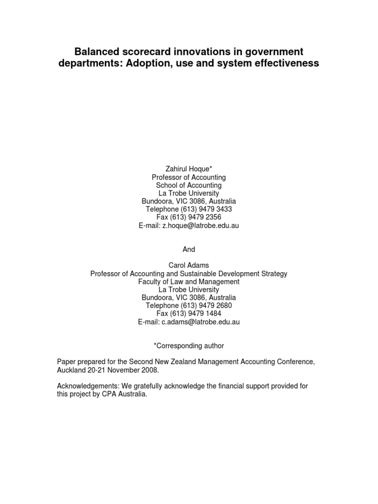 Balanced Scorecard Innovations in Government Depts Adoption Managerial ...
