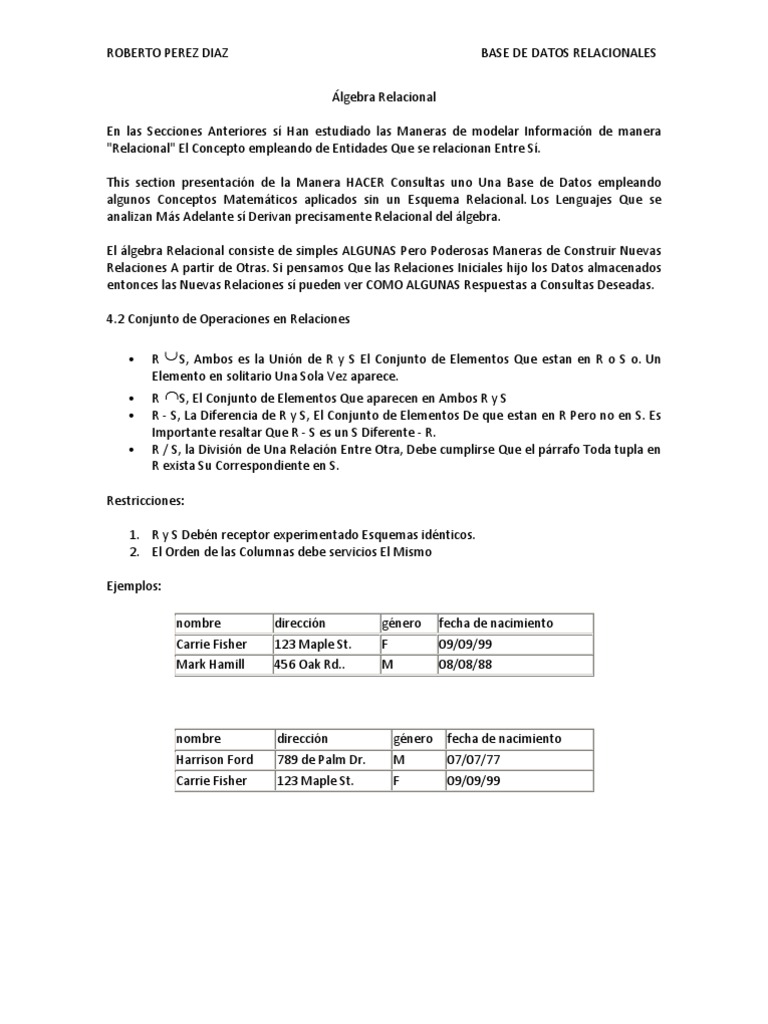 Álgebra Relacional | PDF | Base de datos relacional | Bases de datos
