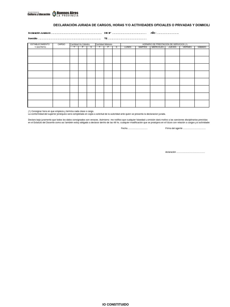 Declaración Jurada de Cargos, Horas y o Actividades | PDF