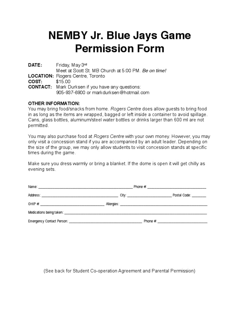 NEMBY Jr. Blue Jays Form | PDF | Physician | Dentist