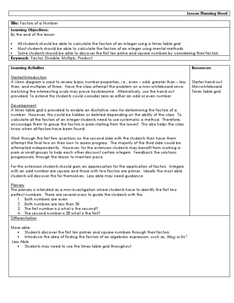 Factors Lesson Plan | PDF | Prime Number | Integer